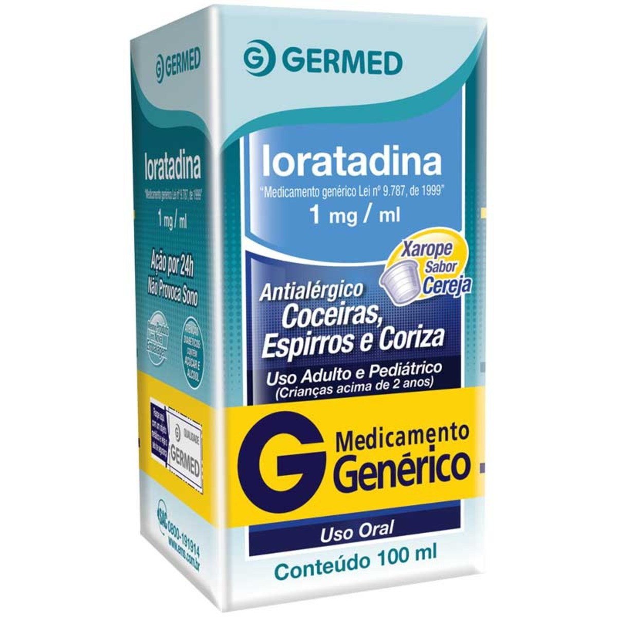 Loratadina Germed Pharma 1mg/mL, caixa com 1 frasco com 100mL de xarope ...