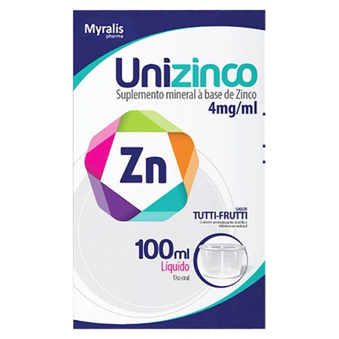 Unizinco 17,60mg/mL, caixa com 1 frasco com 100mL de solução de uso ...