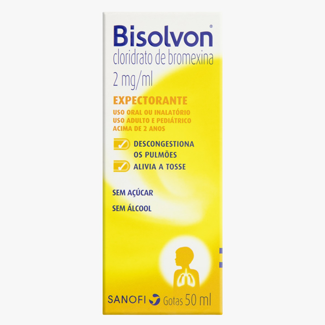 Bisolvon 2mg/mL, caixa com 1 frasco com 50mL de solução de uso oral ou ...