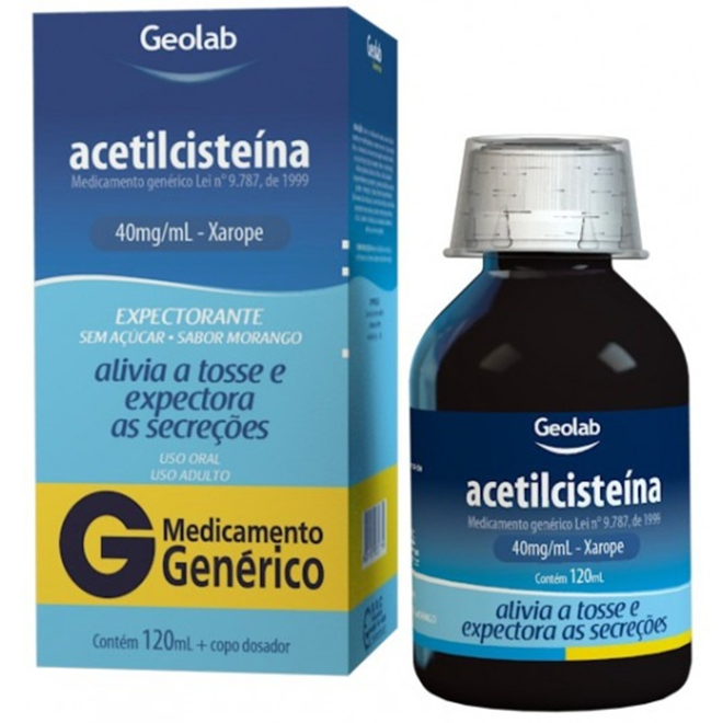 Acetilcisteína Geolab 40mg/mL, caixa com 1 frasco com 120mL de xarope ...