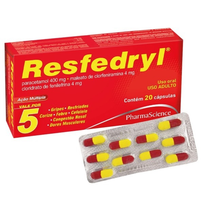Resfedryl 400mg + 4mg + 4mg, caixa com 20 cápsulas gelatinosas duras ...