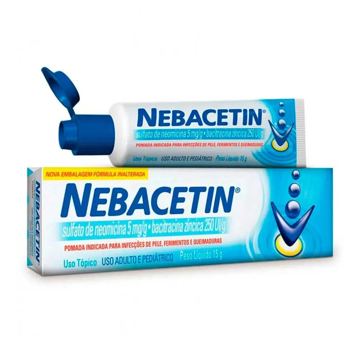 Nebacetin 5mg/g + 250UI/g, caixa com 1 bisnaga com 15g de pomada de uso ...