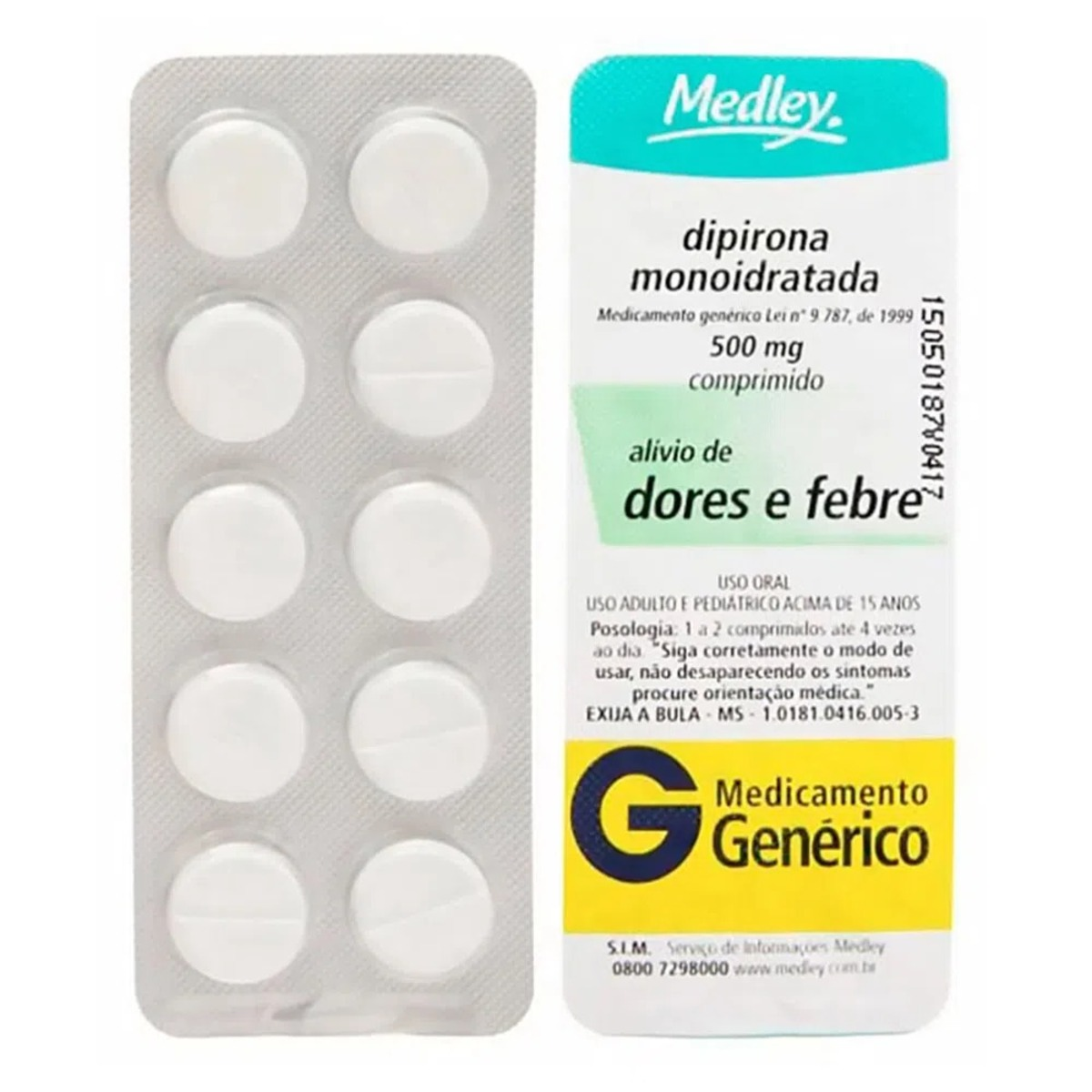 Dipirona Monoidratada Medley 500mg, blíster com 10 comprimidos ...